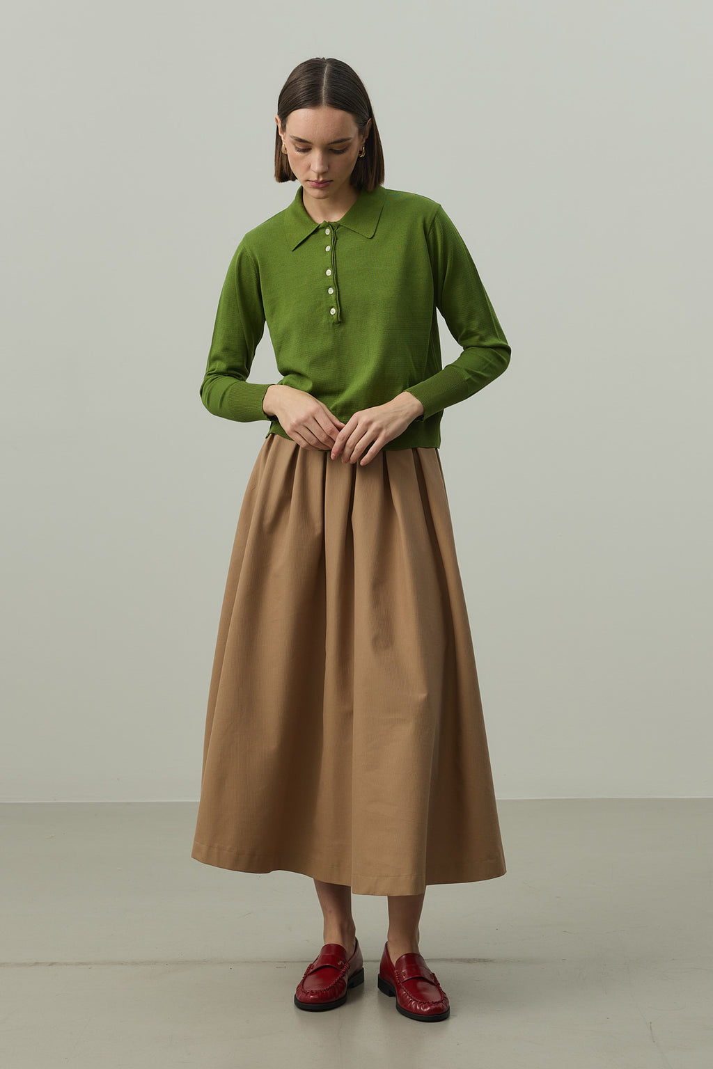 Uzun Kollu Polo Yaka Triko Yağ Yeşili - Fahhar Design